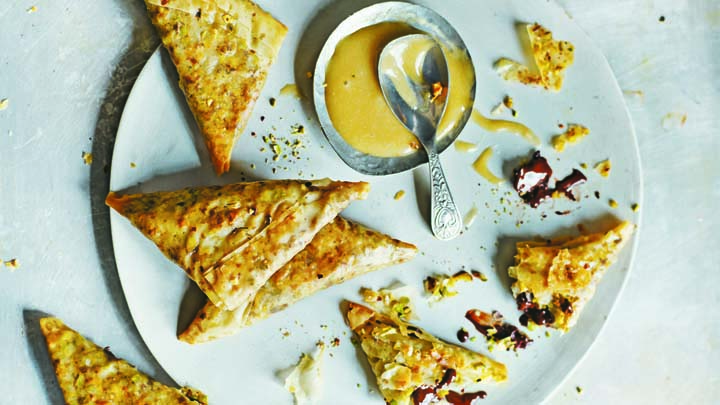 Pistachio and chocolate filo parcels with sweet tahini dip - Starts at 60