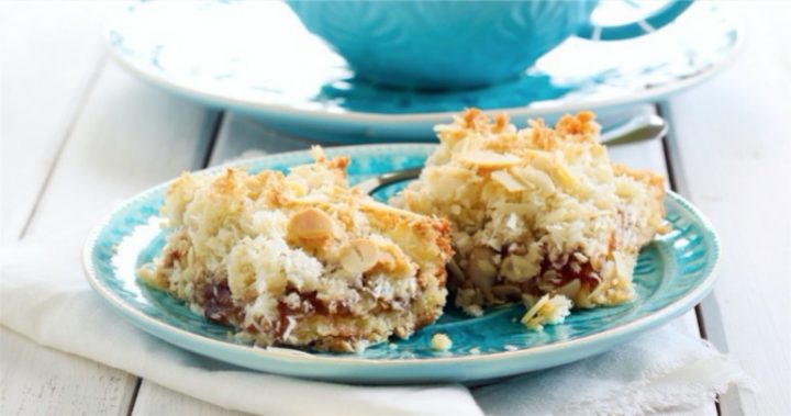 Delicious coconut and strawberry jam slice - Starts at 60