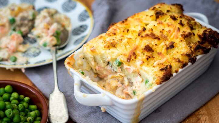Creamy fish and prawn pie with peas - Starts at 60